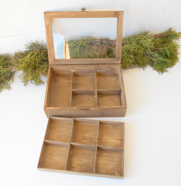 Wooden box glass display- 11 compartments on 2 levels- light brown ...