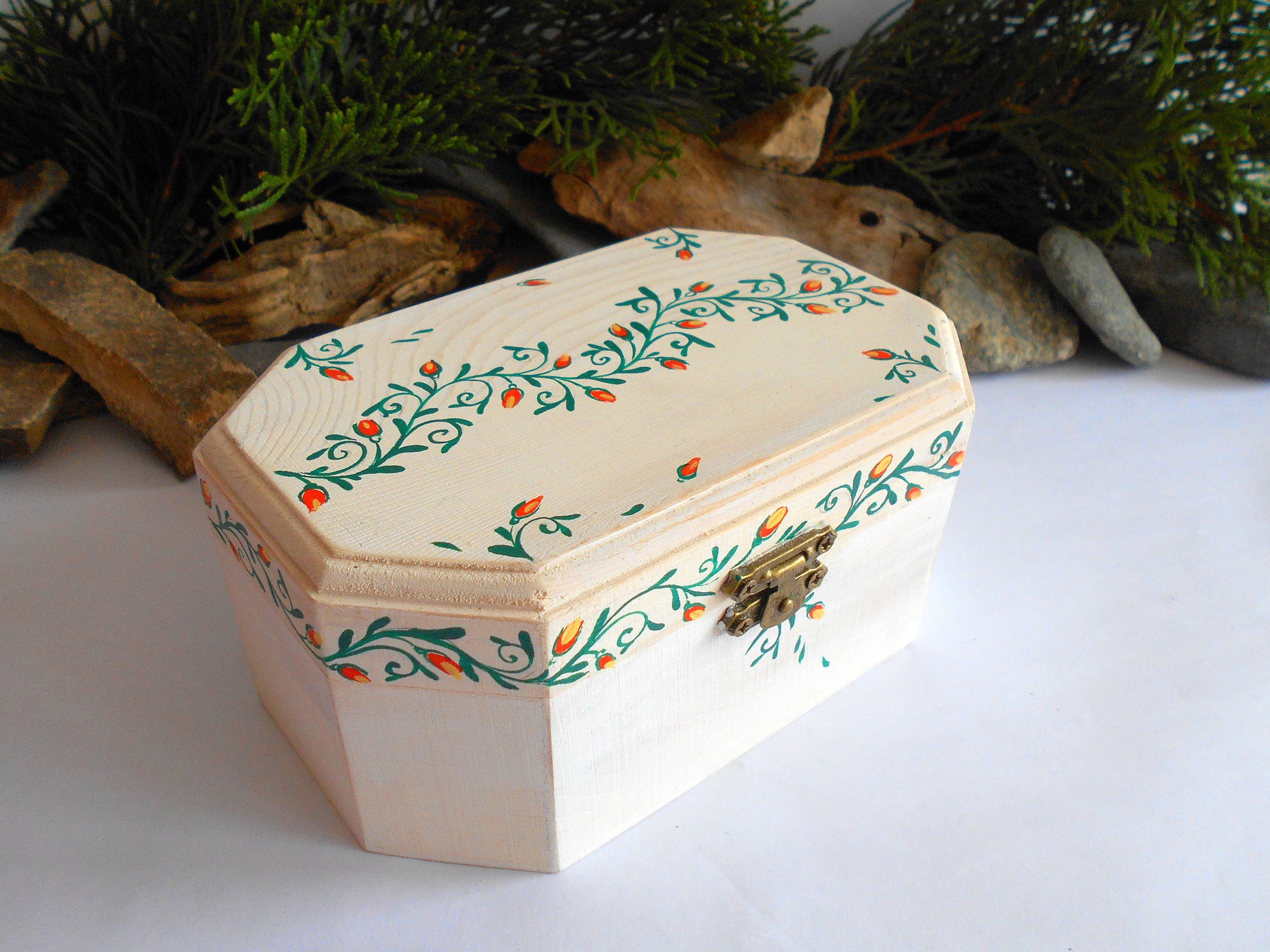 Flower art wooden jewelry box- acrylic painted octagonal box- wooden b ...