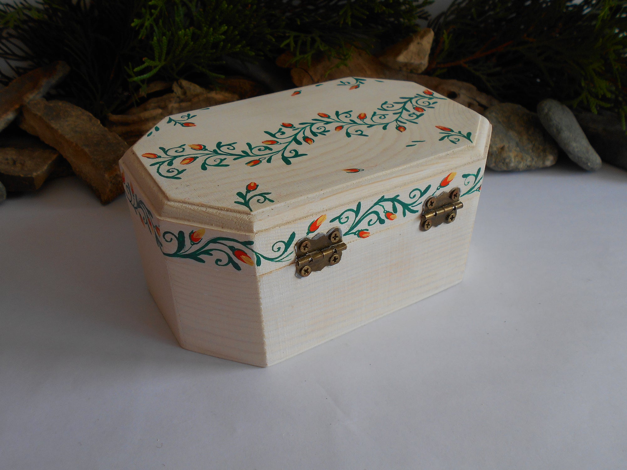 Flower art wooden jewelry box- acrylic painted octagonal box- wooden b ...