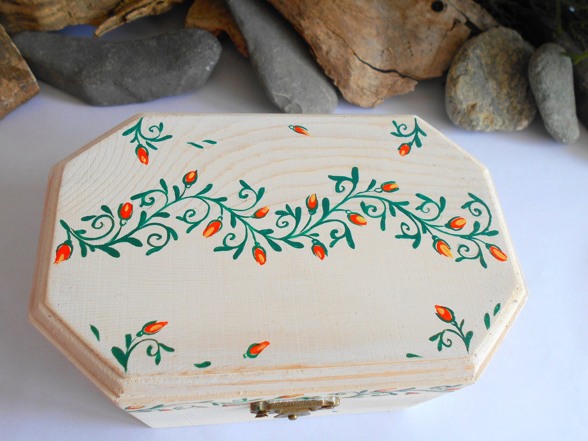 Flower art wooden jewelry box- acrylic painted octagonal box- wooden b ...