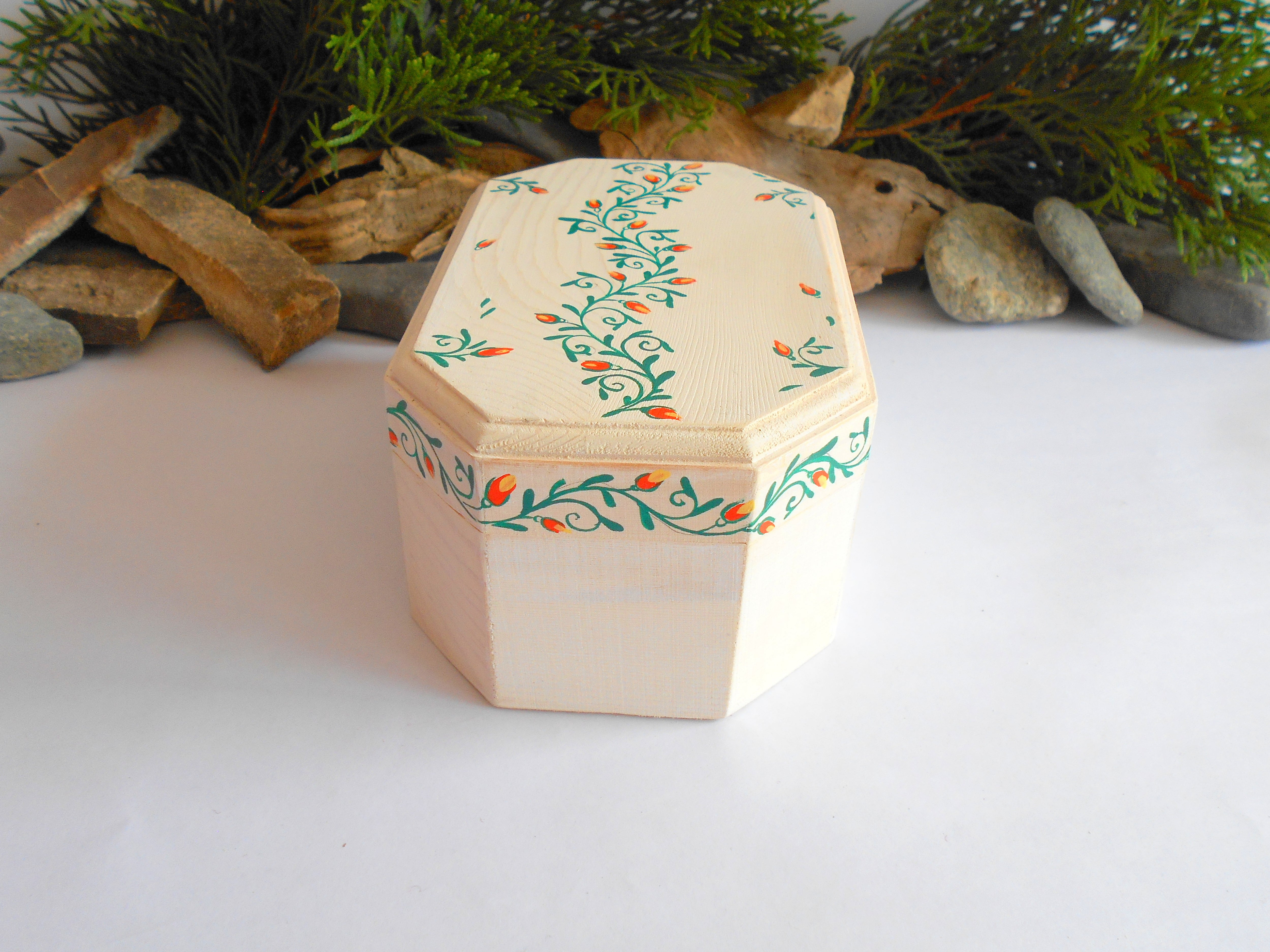 Flower art wooden jewelry box- acrylic painted octagonal box- wooden b ...