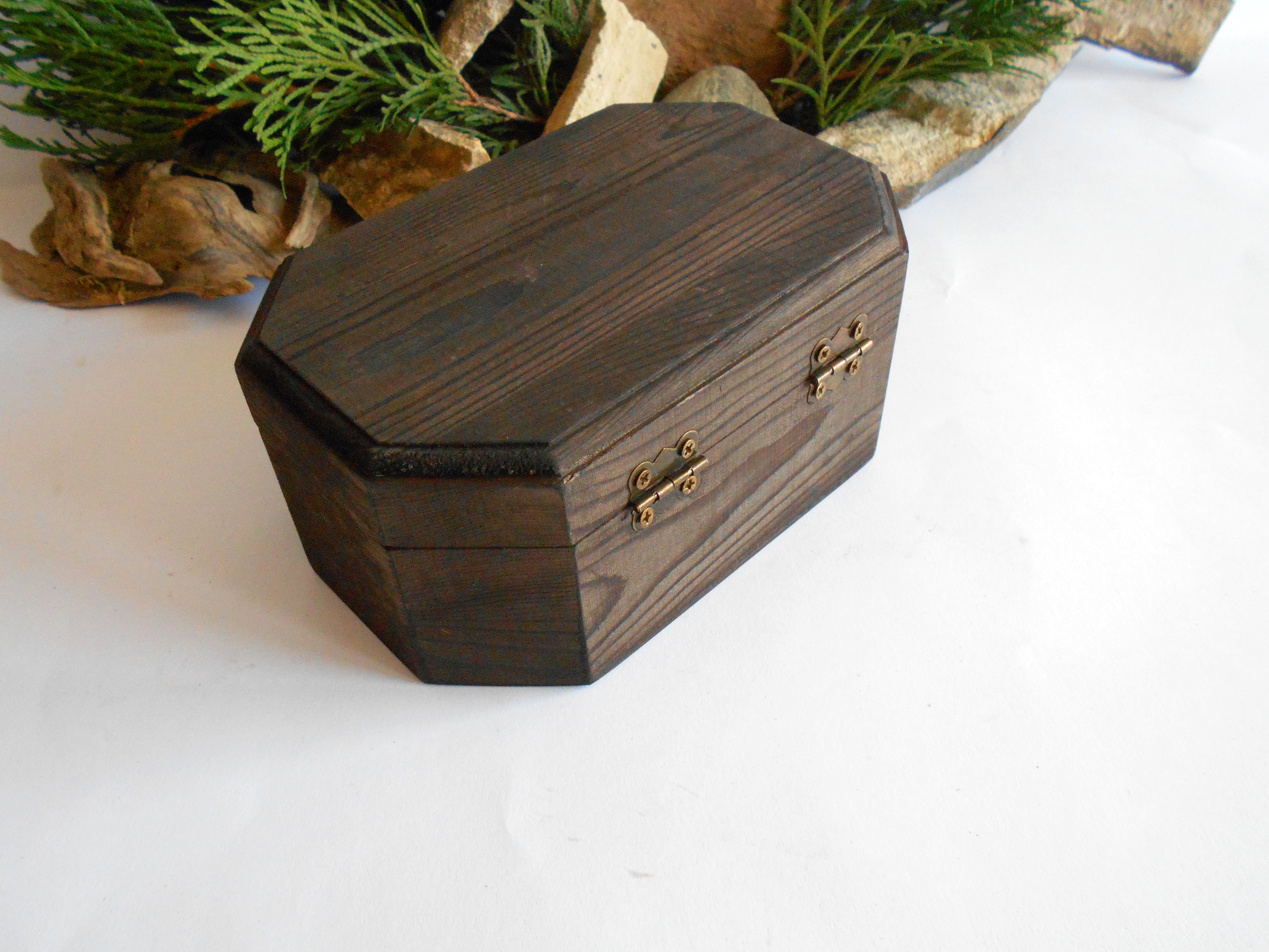 Wooden keepsake box- large eight side box- wooden box with bronze-colo ...