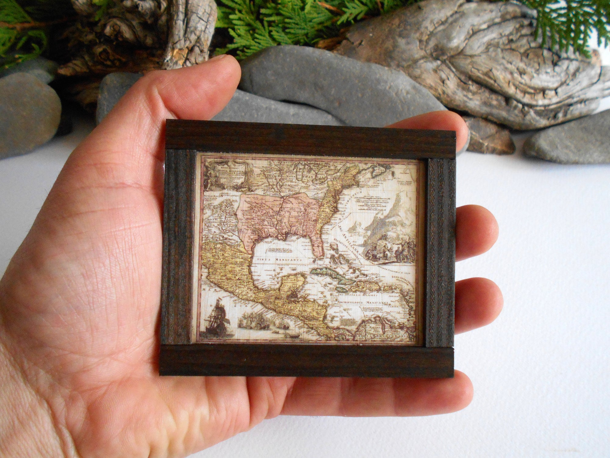 Miniature North America map framed with real pinewood- mini map for do ...