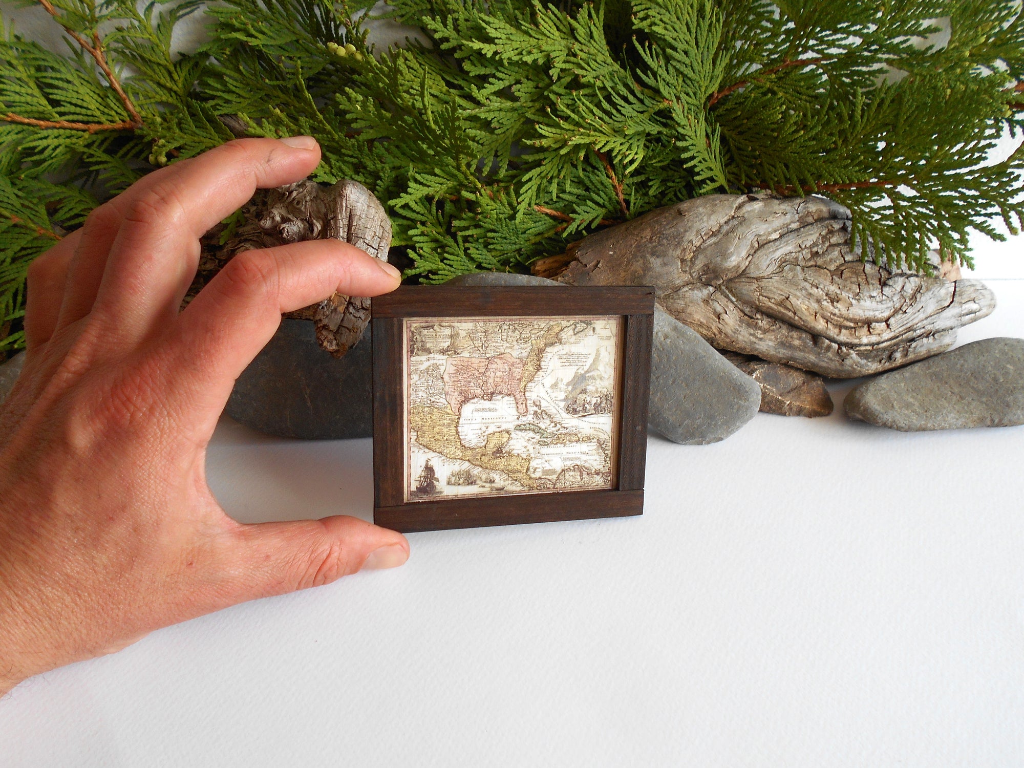 Miniature North America map framed with real pinewood- mini map for do ...