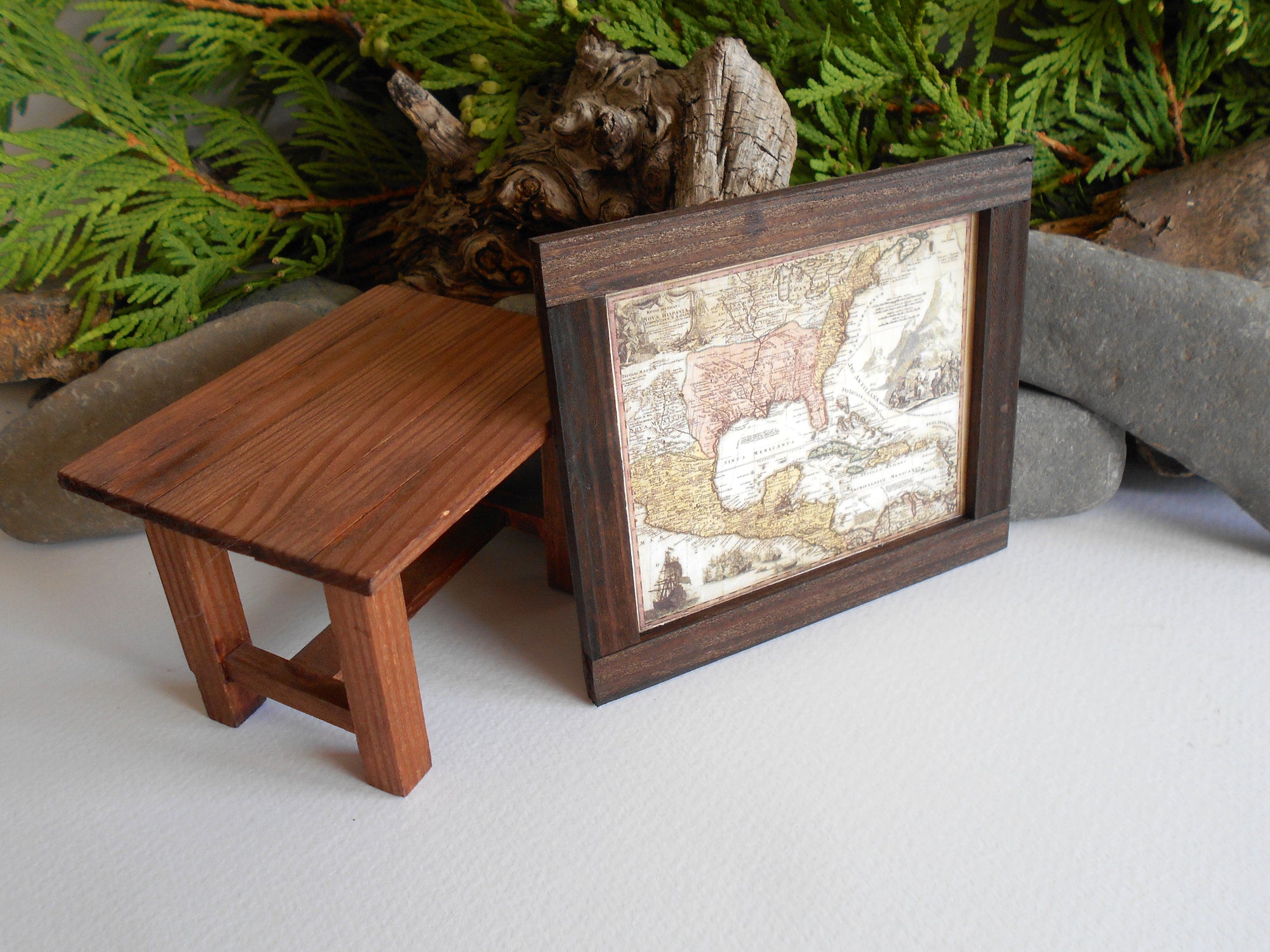 Miniature North America map framed with real pinewood- mini map for do ...
