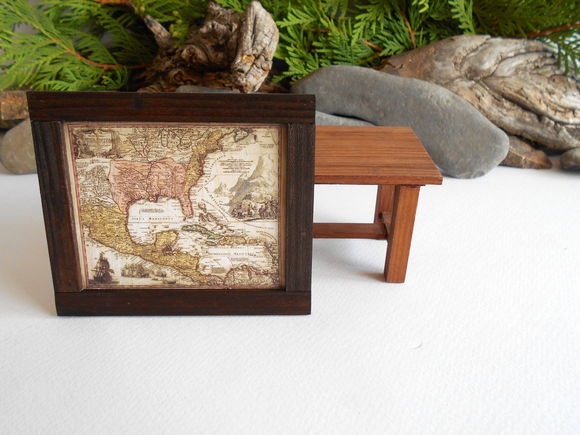Miniature North America map framed with real pinewood- mini map for do ...