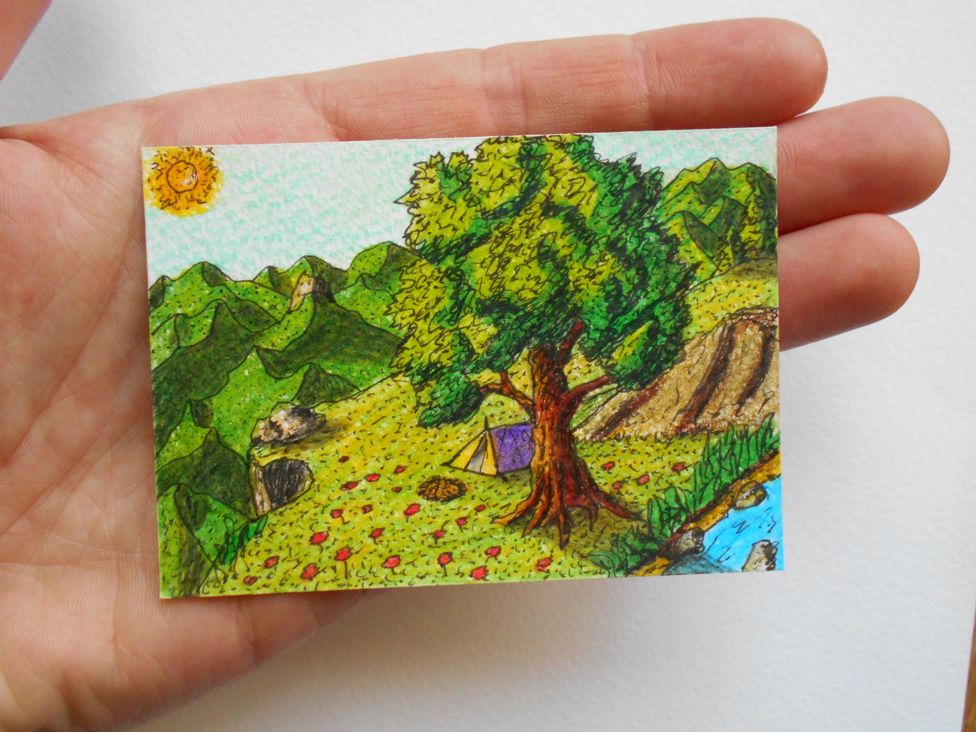 Camping art print, ink and pencil drawing print, landscape art print ...