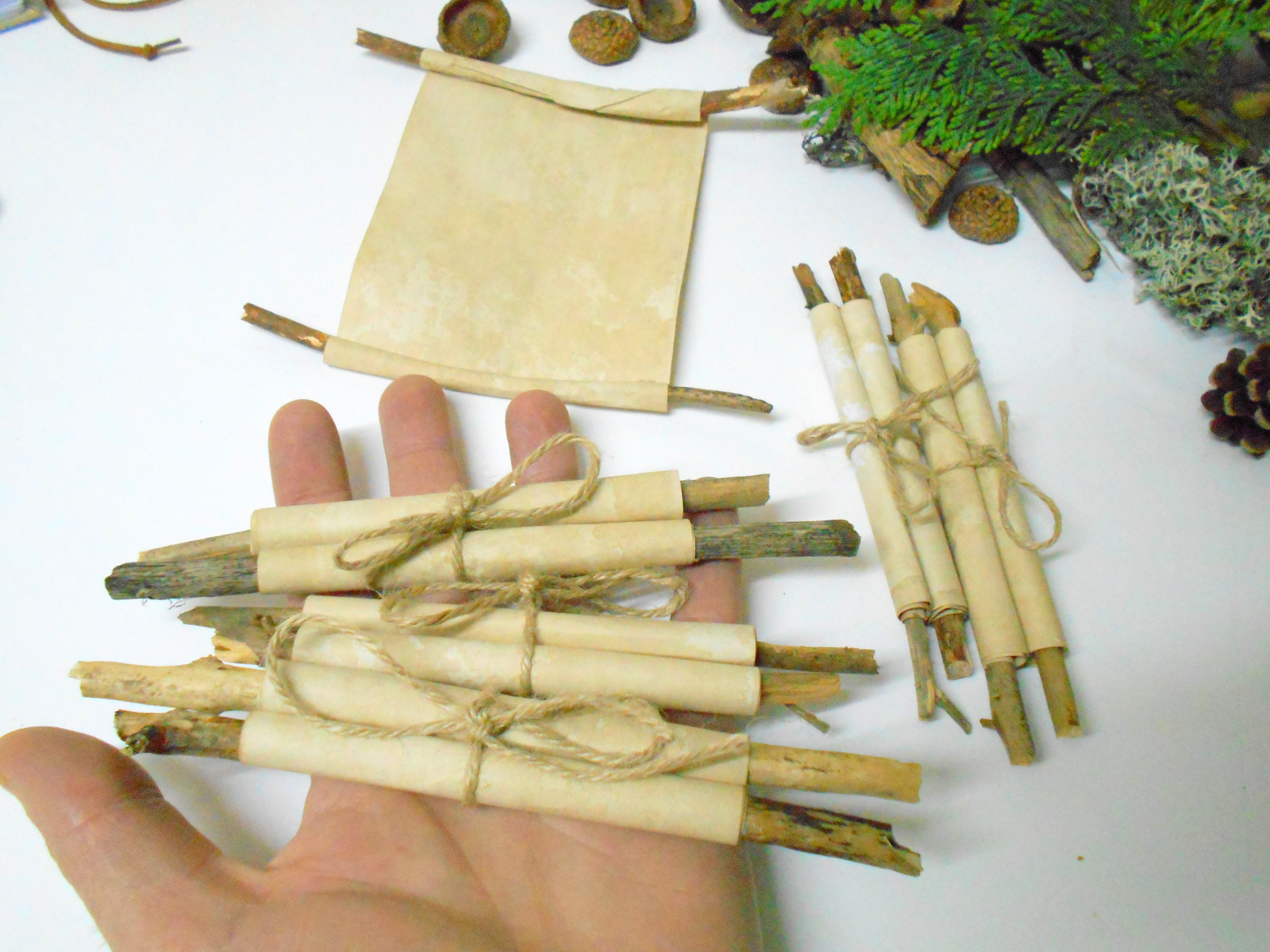 20 Paper scrolls with coffee recycled papers and hand-drawn templates ...