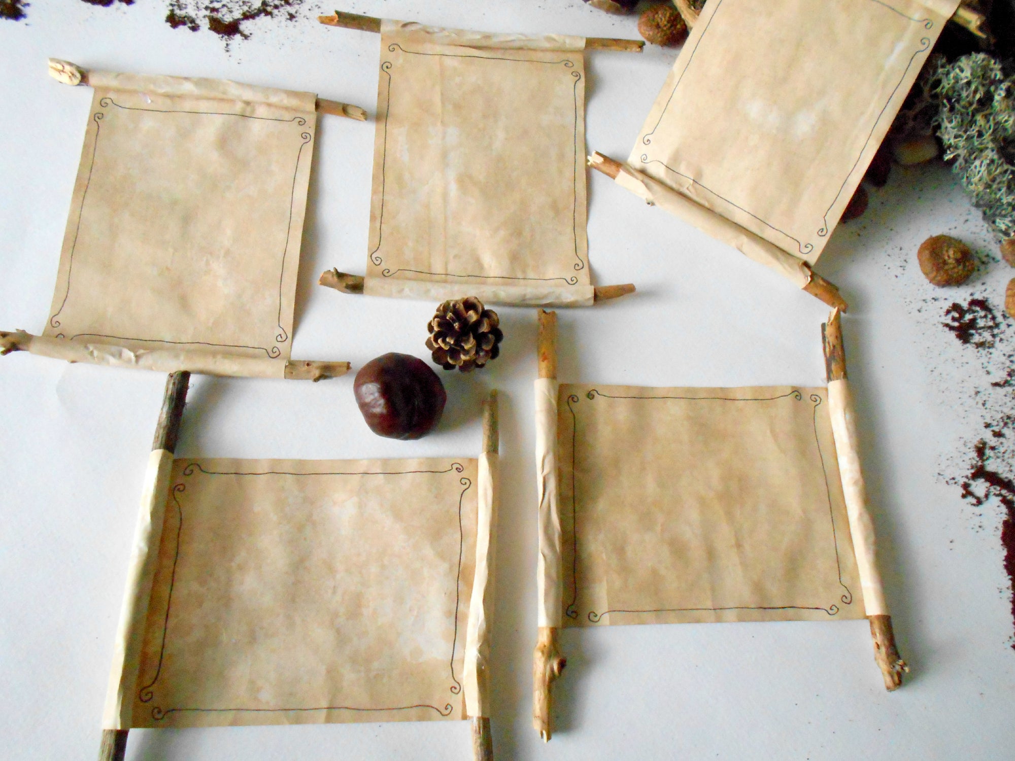 20 Paper scrolls with coffee recycled papers and hand-drawn templates ...