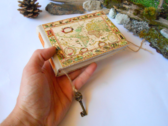 Travel map sketchbook- Antique world map journal-hardcovered rustic bu ...